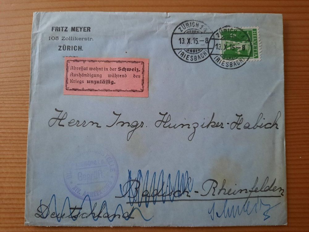 CH-Brief Zürich nach Badisch Rheinfelden aus 1915 gem.Bilder (Gebraucht) in Oberuzwil für CHF 1 ...
