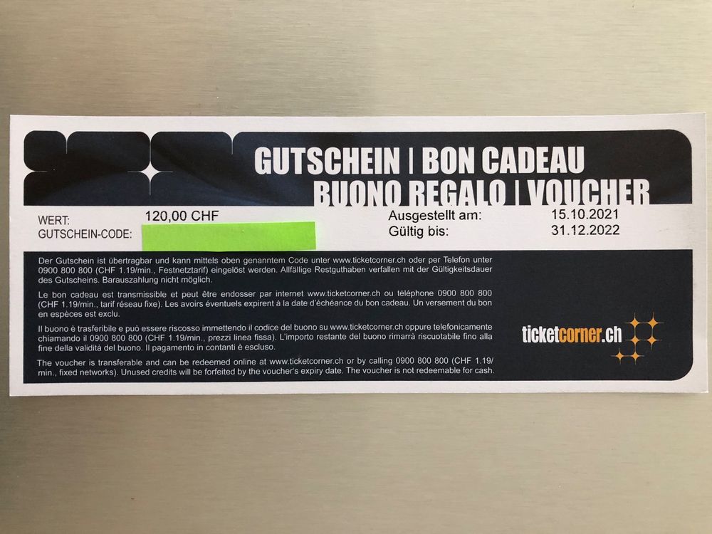 Ticketcorner Gutschein (Neu (gemäss Beschreibung)) in Inwil für CHF 80 ...
