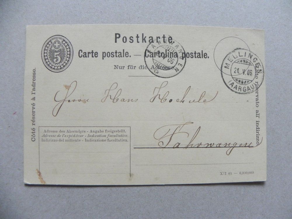 Postkarte Stempel Mellingen & Fahrwangen Aargau AG Post 1906 (Gebraucht) in Siebnen für CHF 8 ...