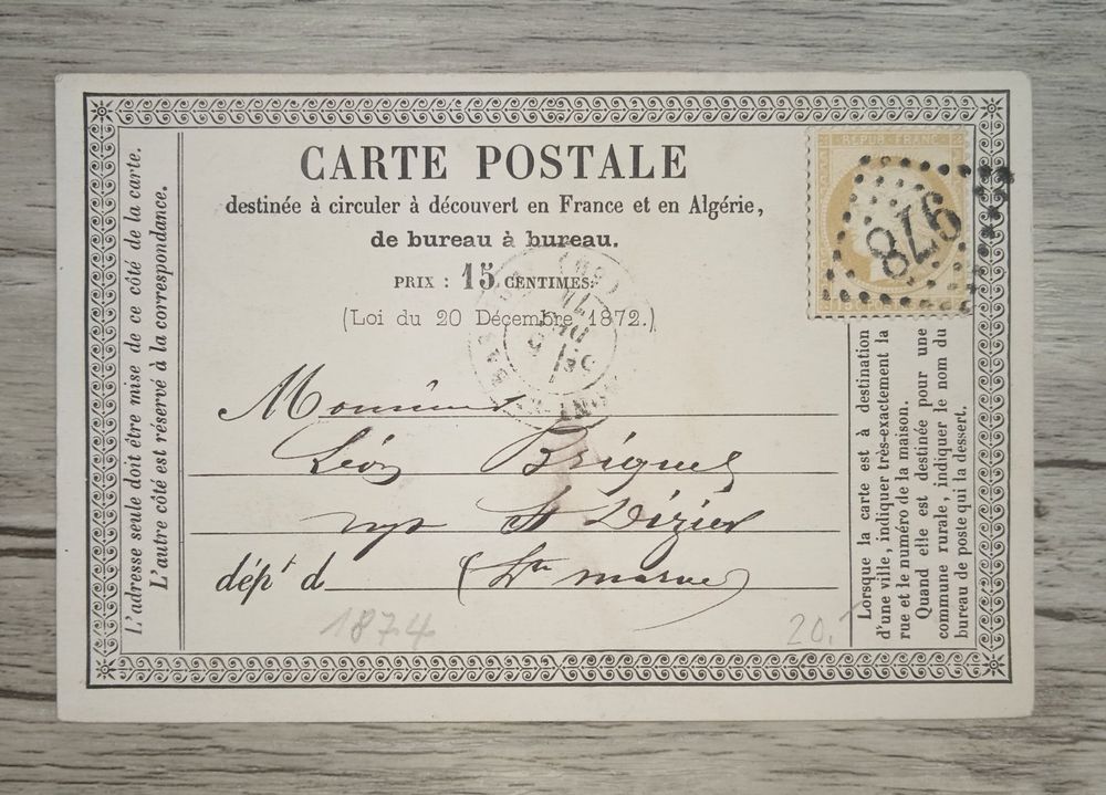 PH01 Carte Postale + Timbre France 1874 (Gebraucht) in Cousset für CHF ...