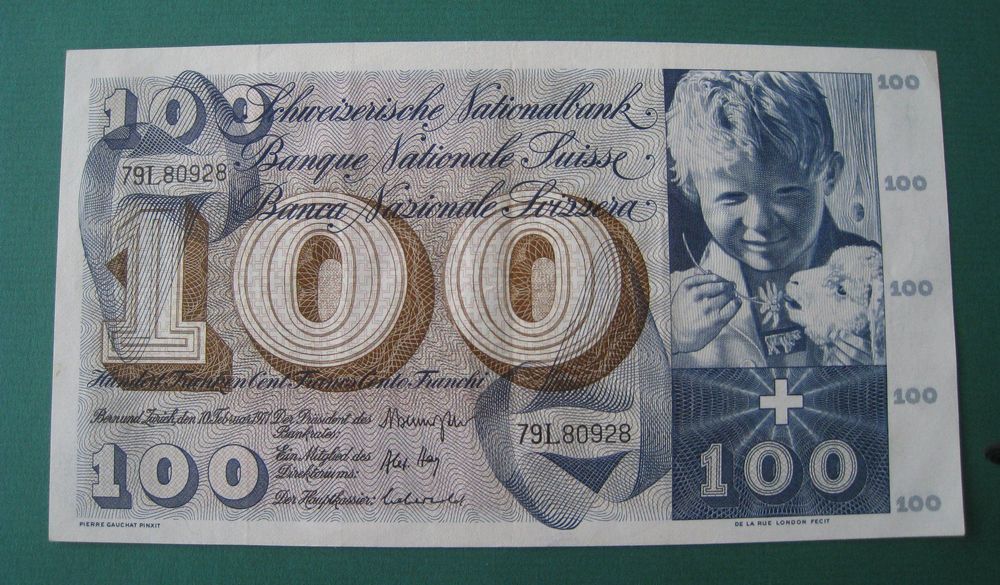 100 Fr. Note 1971, UNC, leichter Bug senkrecht (Neu (gemäss ...