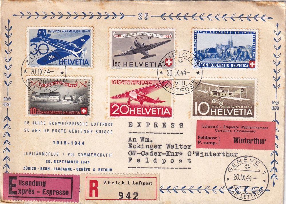 Express Jubiläumsflug Zürich - Genf 1944, an Feldpostadresse (Gebraucht ...