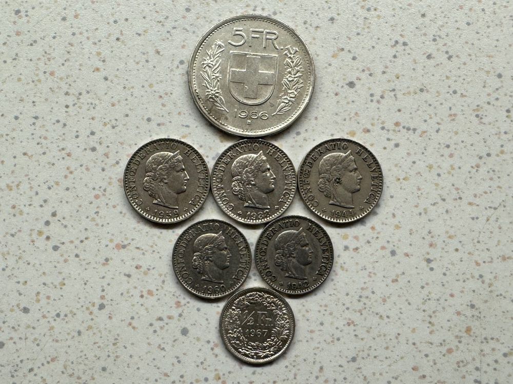 1966 5 Franken, 1967 50 Rp. und 5 andere alte Münzen (Gebraucht) in Winterthur für CHF 9 – mit ...