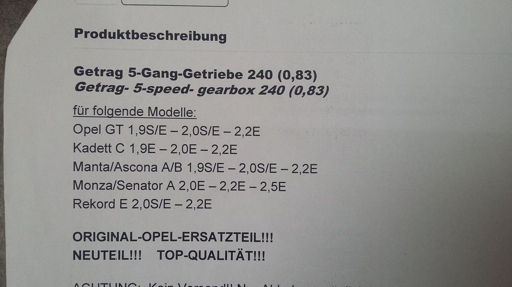 GETRAG 240 5Gang Getriebe OPEL GT Rekord Ascona Manta Kadett | Kaufen ...