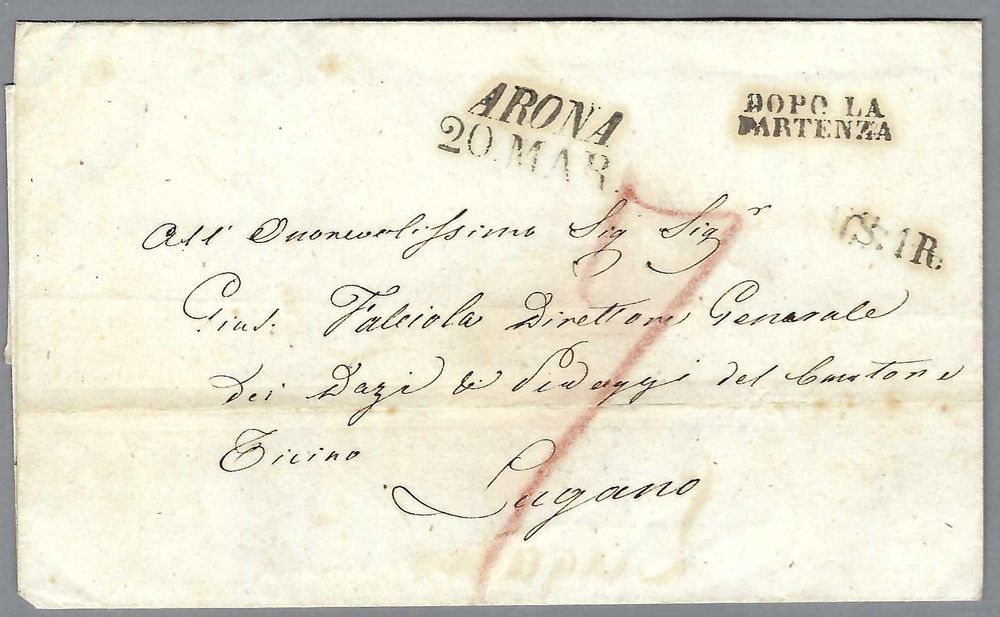 1847, 0 ARONA 20 MAR+CS 1.R.+DOPO LA PARTENZA+LUGANO A TERGO (Gebraucht ...