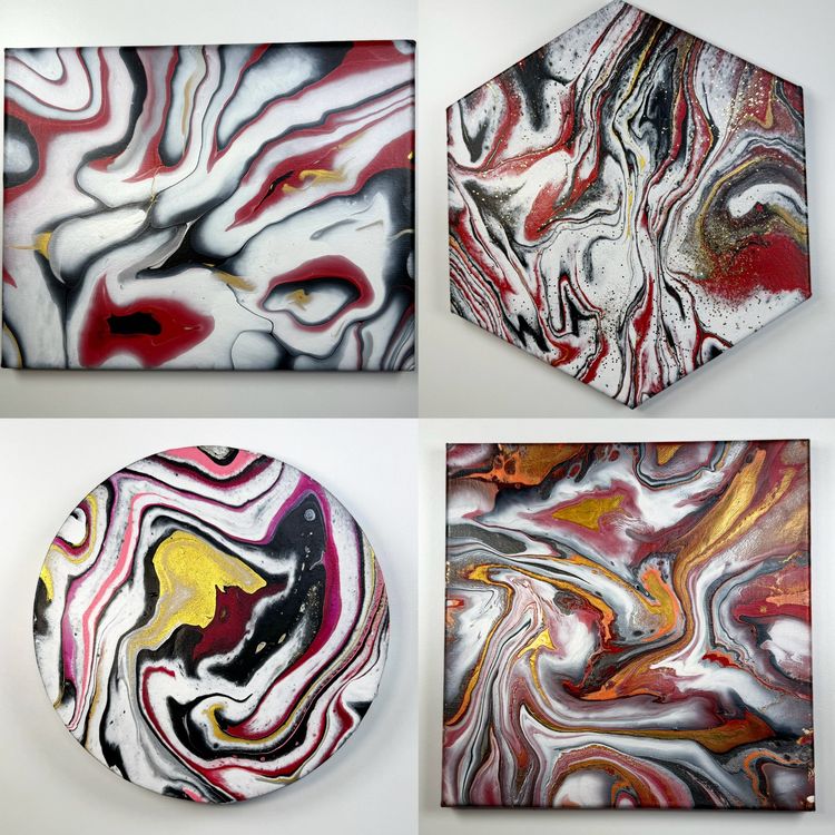 4 Fluid Painting Acryl Gemälde rot gold schwarz weiss Deko (Gebraucht) in Schlieren für CHF 25 ...