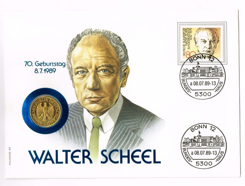 Walter Scheel_70 Geburtstag_1989_mit 1 DM Münze von 1989 (Neu (gemäss ...