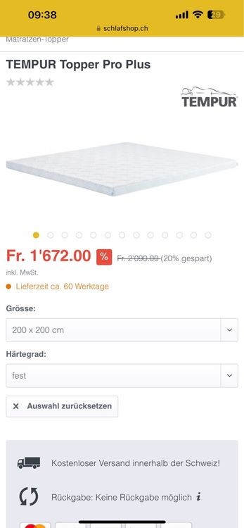 TEMPUR Topper Pro Plus 200x200cm, neu und original verpackt (Neu und originalverpackt) in Jona ...