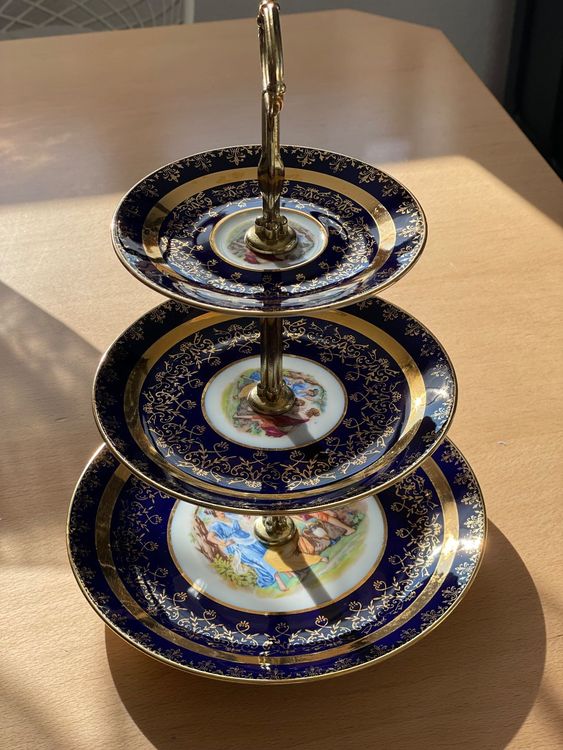 Etagère à gâteaux vintage 3 niveaux, cobalt doré, porcelaine (Neu ...