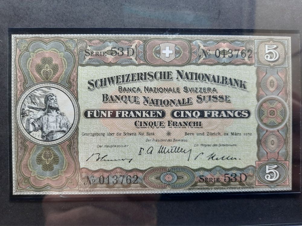Alte Banknote 5 Fr. gerahmt 1952 (Neu (gemäss Beschreibung)) in ...