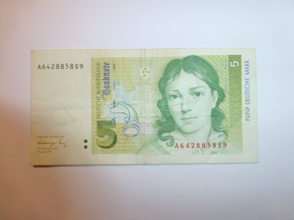 Banknoten, Fünf Deutsche Mark Papiernoten 1991 (Gebraucht) in Bettlach ...