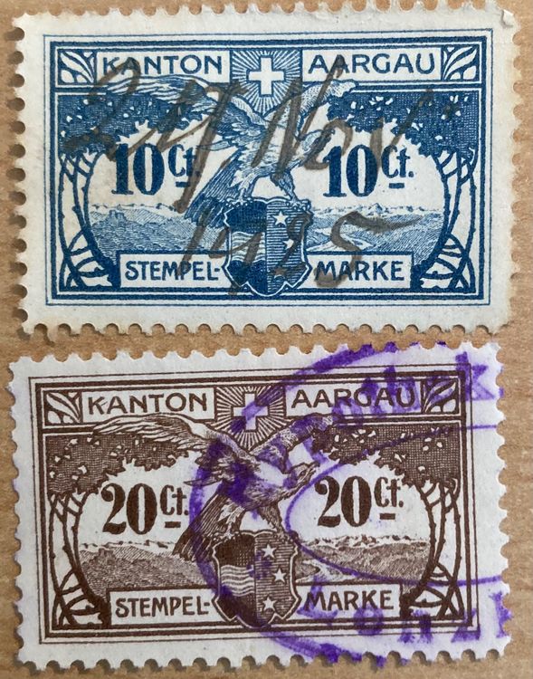 2 Stempel-Marke Kanton Aargau AG - Fiskalmarke 1925 (Gebraucht) in für ...