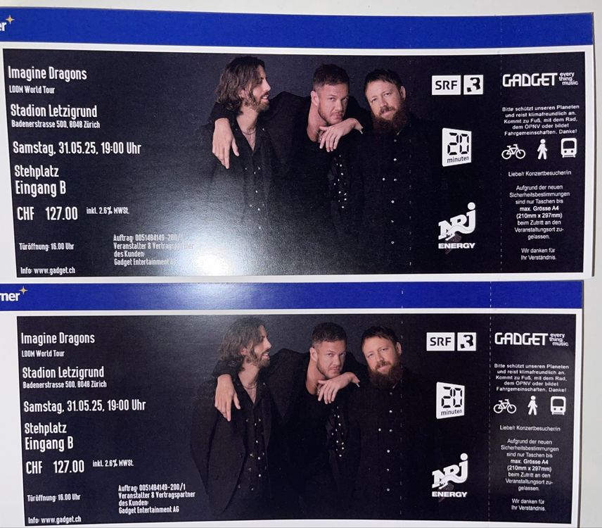 2x Imagine Dragons Stehplatz Zürich 31. Mai 2025 (Neu (gemäss Beschreibung)) in Schübelbach für ...