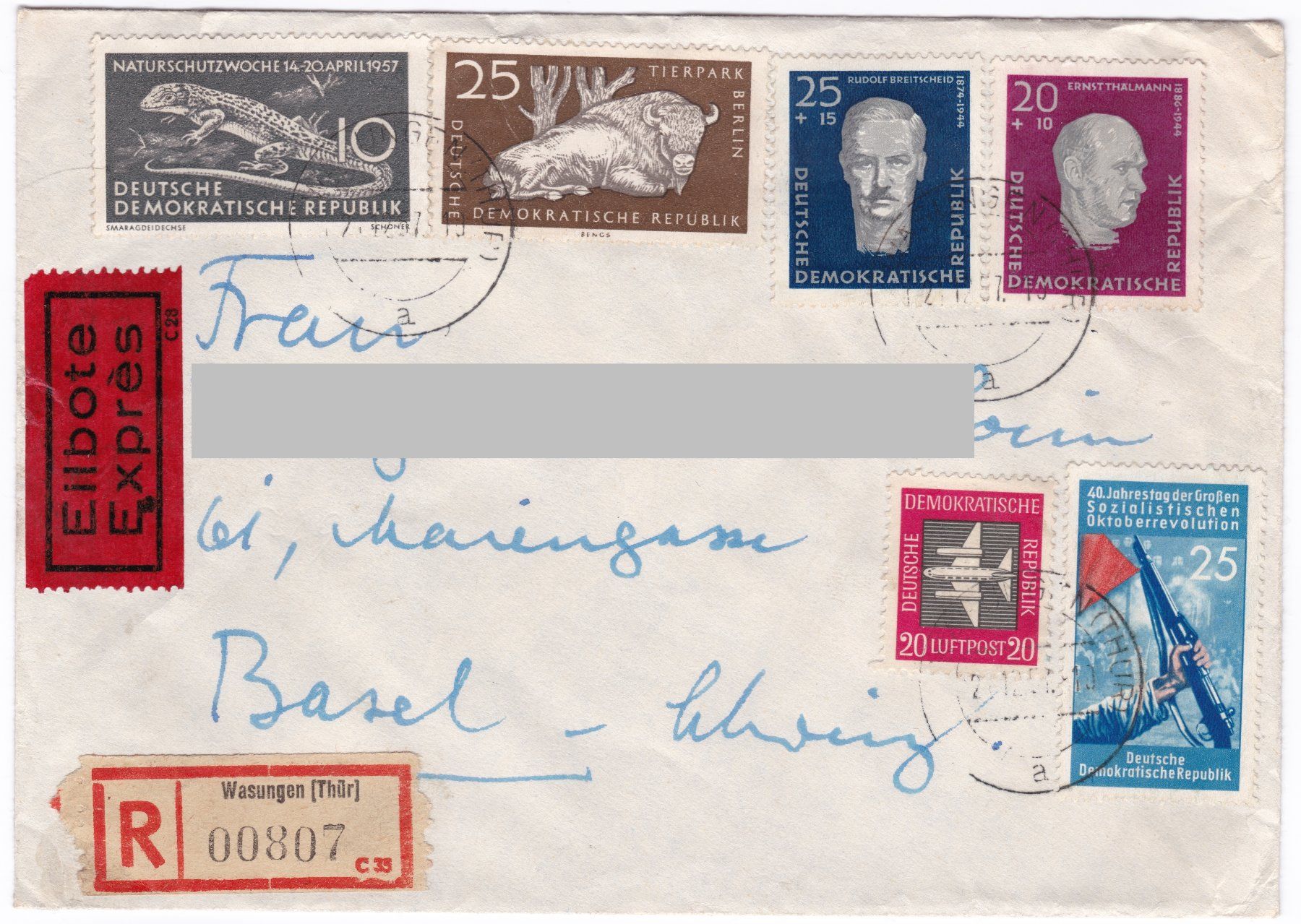 DDR 1957–1960, 3 Express + 2 Einschreiben nach Basel, Sätze (Gebraucht ...