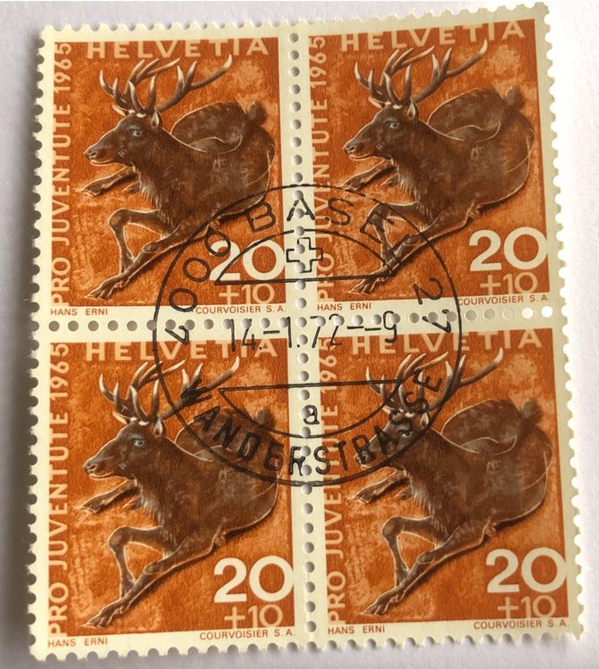 4 er Block Nr.J 212 mit Stempelt BASEL (Gebraucht) in Aarau für CHF 0.5 ...