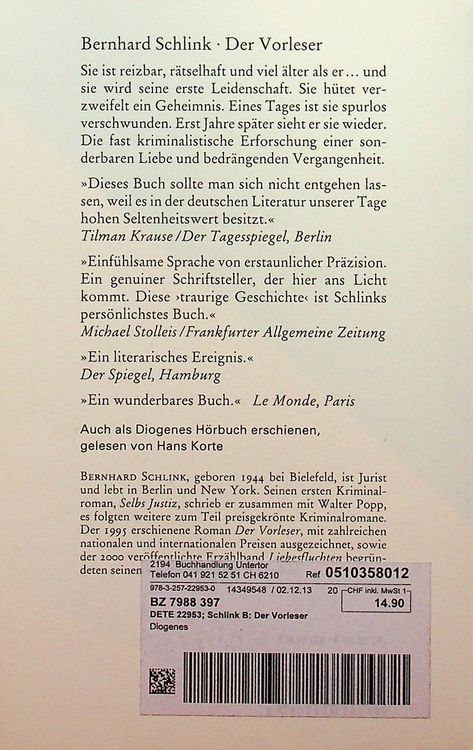 Bernhard Schlink Der Vorleser TB Diogenes 56. Auflage 2007 | Kaufen auf ...