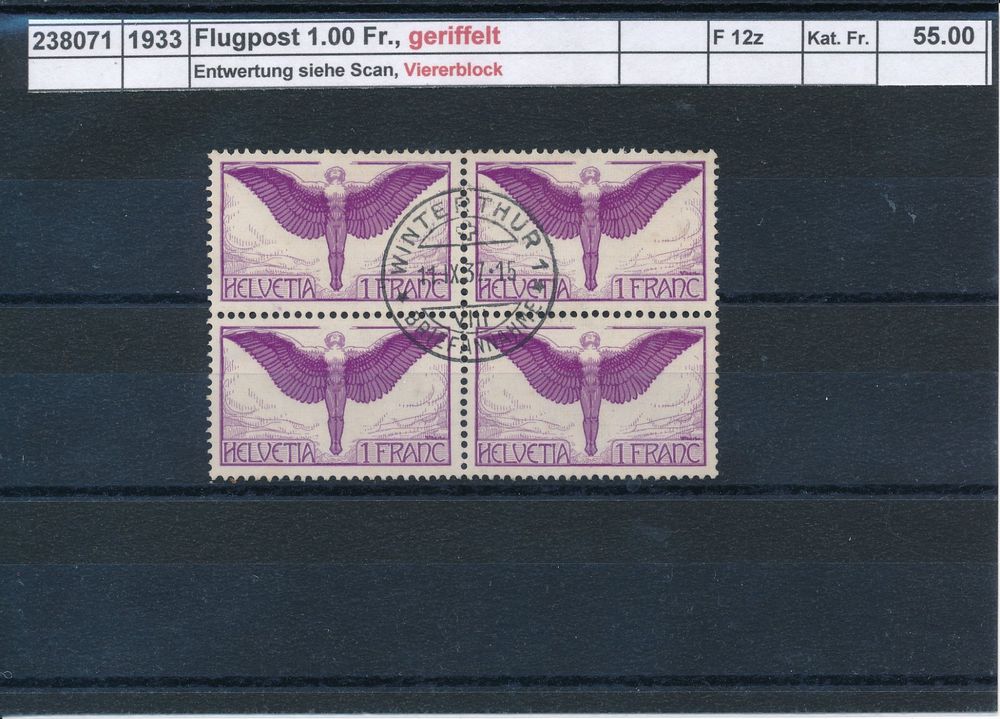 1933 Flugpost - 1.00 Fr., Kreidepapier geriffelt Viererblock (Gebraucht) in Winterthur für CHF 8 ...