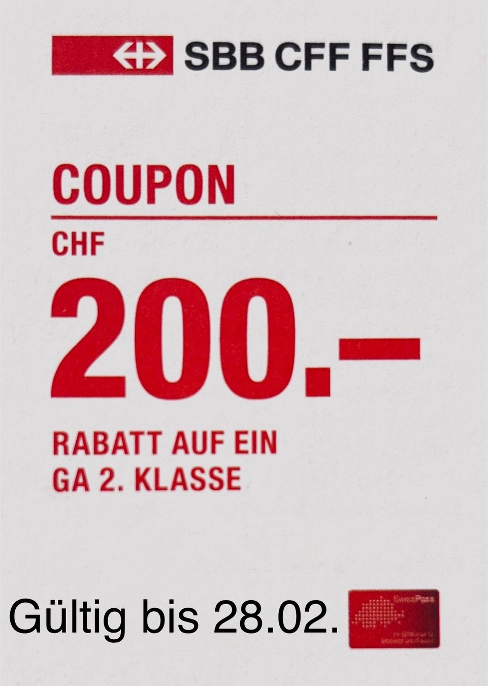 GA 2. Klasse Gutschein 200 Fr. Rabatt (nur online) (Neu (gemäss ...