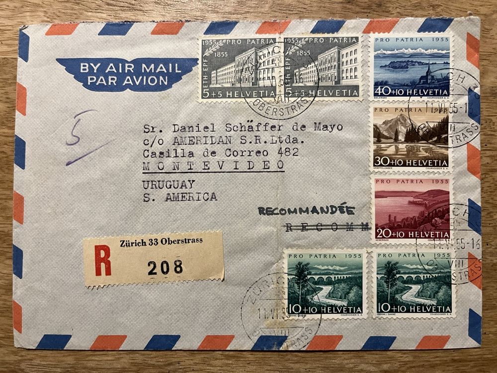1955 Pro Patria Série sur Lettre pour URUGUAY (Gebraucht) in Sottens für CHF 4 – mit Lieferung ...