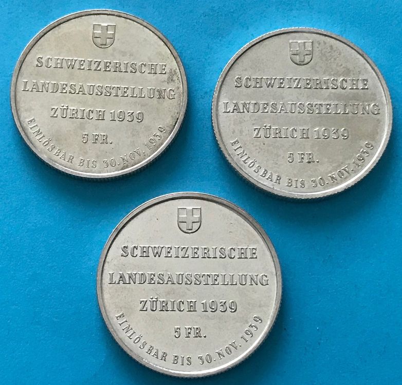 3 Schweizer Silber 5 Franken-Gedenkmünzen LANDI, Zürich 1939 | Kaufen auf Ricardo