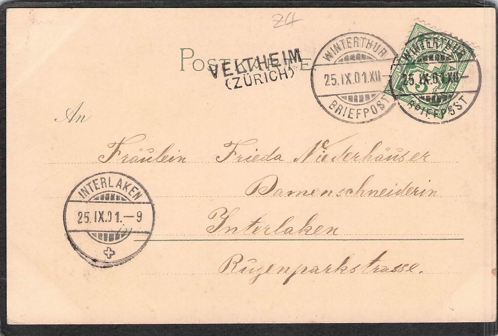 Stabstempel Veltheim ( Zürich ) auf AK , 25.lX.1901 (Gebraucht) in Reichenburg für CHF 19 – mit ...