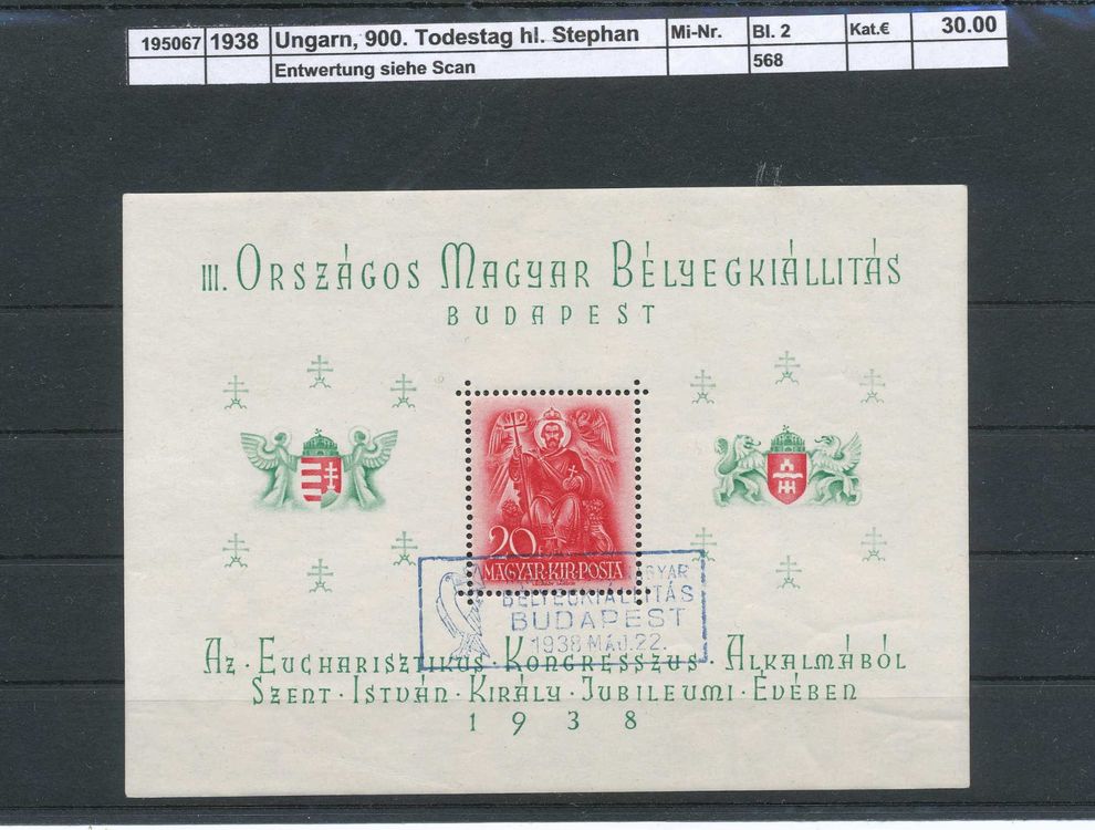 1938 Ungarn, 900. Todestag hl. Stephan - Block (Gebraucht) in Winterthur für CHF 7.5 – mit ...
