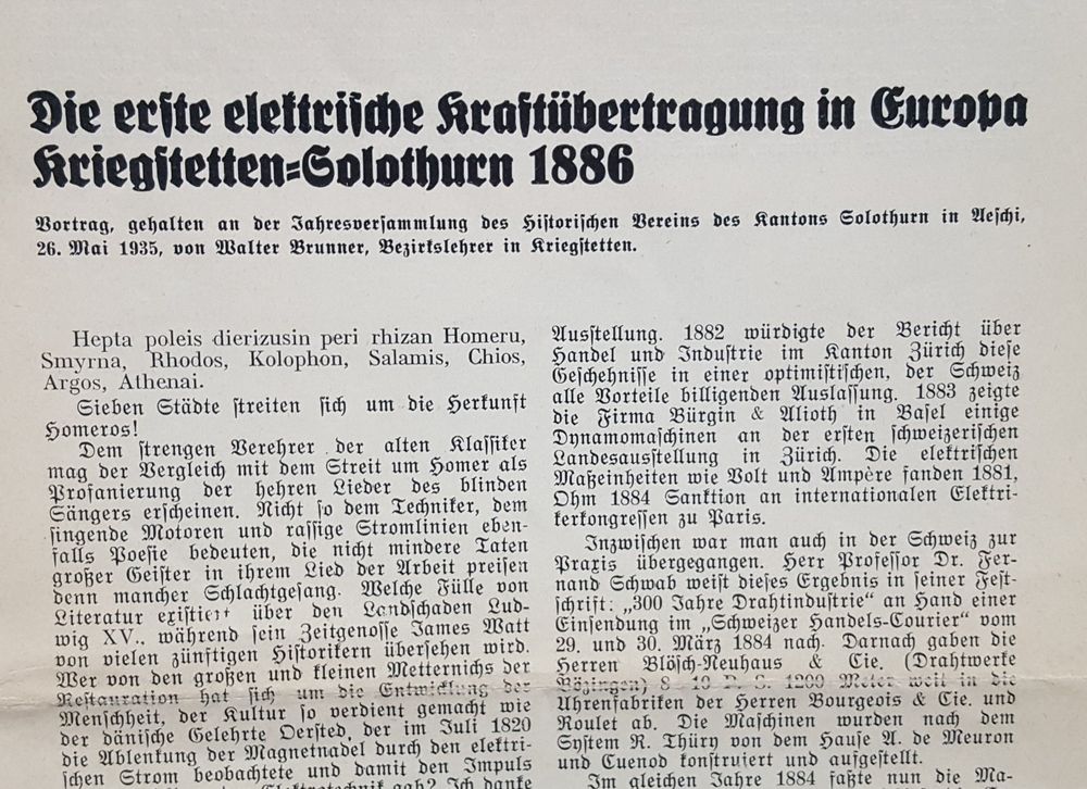 Kriegstetten-Solothurn: 1. Europäische Kraftübertragung 1886 (Gebraucht) in Bern für CHF 7.9 ...