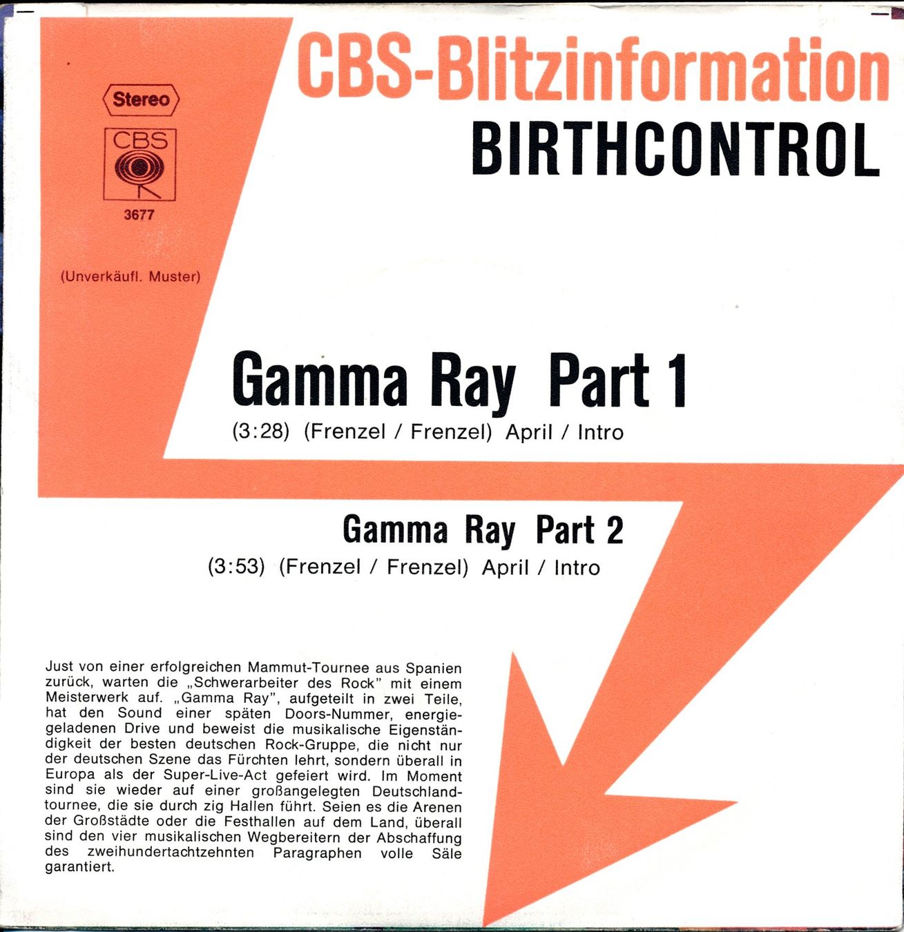 BIRTH CONTROL - GAMMA RAY (PROMO 7'' Vinyl Single VG-) (Gebraucht) in ...