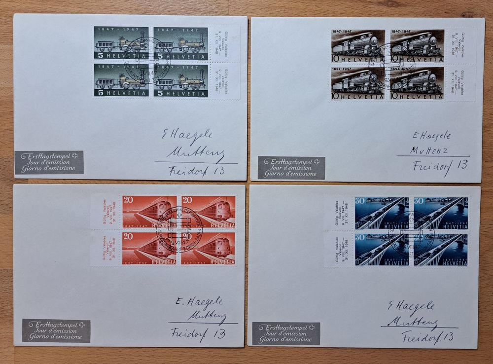 100 Jahre Schweizer Eisenbahnen 1947 FDC Serie Viererblock (Gebraucht) in Unterägeri für CHF 27 ...