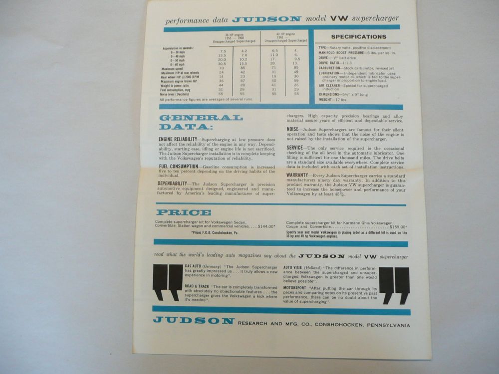 VW KÄFER BUS KARMANN GHIA 1961 PROSPEKT JUDSON KOMPRESSOR | Kaufen auf ...