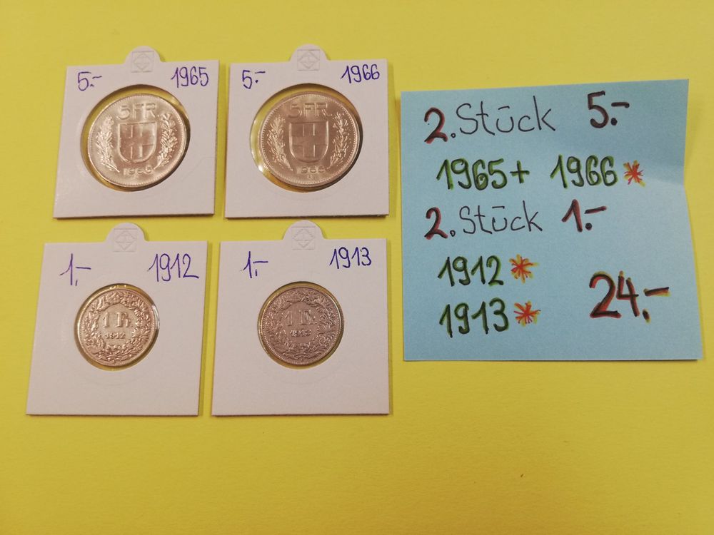 Schweizer Silbermünzen 2x 5FR. 1965/66/ 2x 1FR. 1912/13 (Gebraucht) in Engi für CHF 23 – mit ...