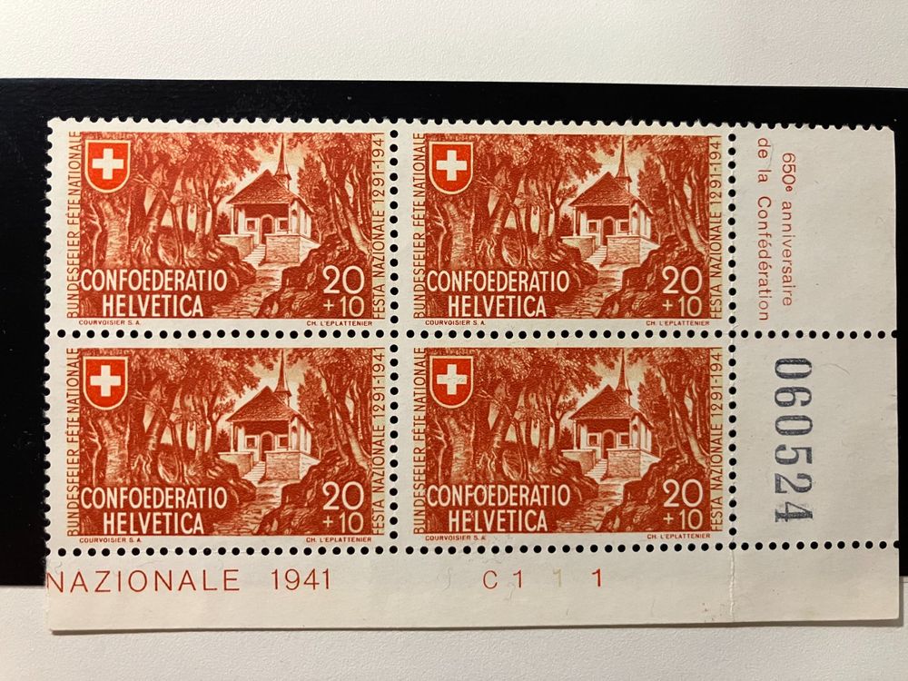 Pro Patria, 1941, 20c Viererblock, rötlich (Gebraucht) in Würenlos für CHF 8 – mit Lieferung auf ...