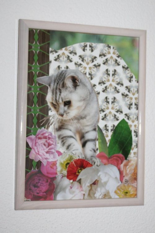 süsses Katzenbild, Orig. Collage von Textilkünsterin sign. (Neu (gemäss ...