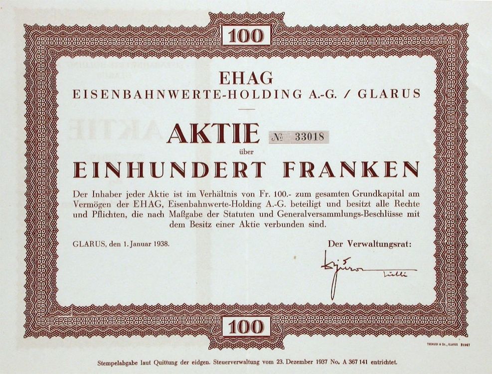 EHAG, Eisenbahnwerte Holding AG, Glarus - 1938 | Kaufen auf Ricardo