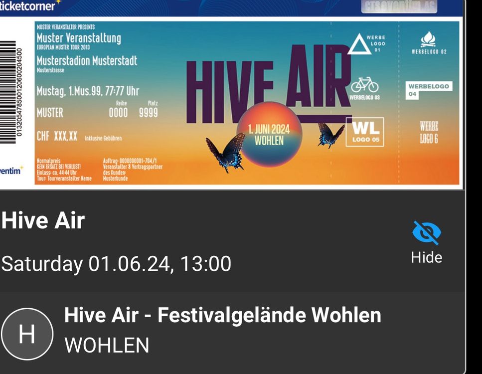2x Hive Air Mobile Tickets Wohlen 01. Juni 2024 | Kaufen auf Ricardo