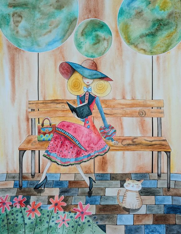 Original Aquarell "Sie macht eine Pause" Bild Illustration (Neu und originalverpackt) in ...