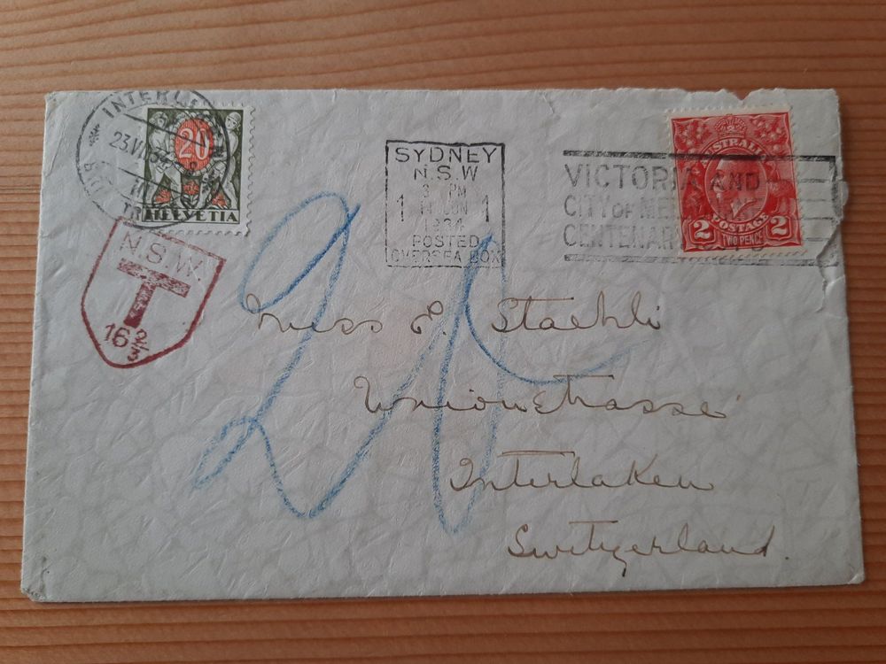 Brief Sydney-Interlaken aus 1934 mit int. Stempel gem.Bilder (Gebraucht) in Oberuzwil für CHF 1 ...