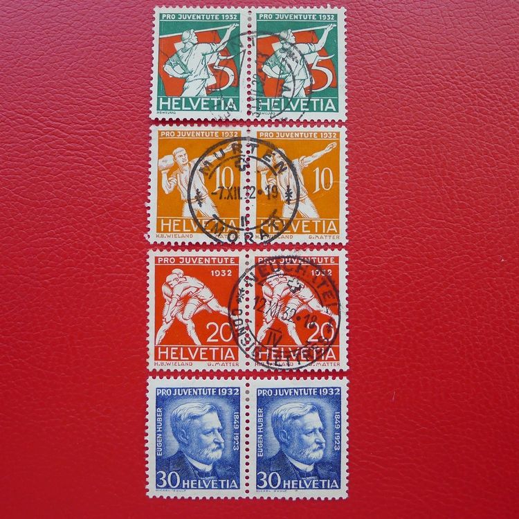 1932, J61-J64 (Juventute) saubere PAARE, Zentrrums-STEMPEL (Gebraucht) in Sursee für CHF 10 ...