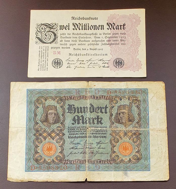 Reichsbanknote Hundert Mark 1920 & Zwei Millionen Mark 1923 | Kaufen ...