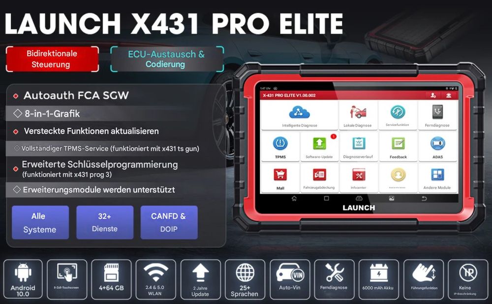 PROFI LAUNCH X431 PRO ELITE OBD2-Scanner - 8" Diagnosegerät (Neu und ...