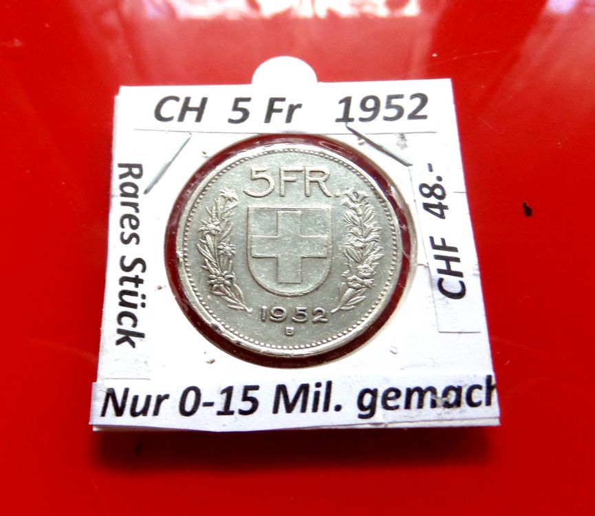 Gesuchte rare CH- 5 Fr.1952 nur 0.15.Mio. SILBER Münze- vorz | Kaufen auf Ricardo
