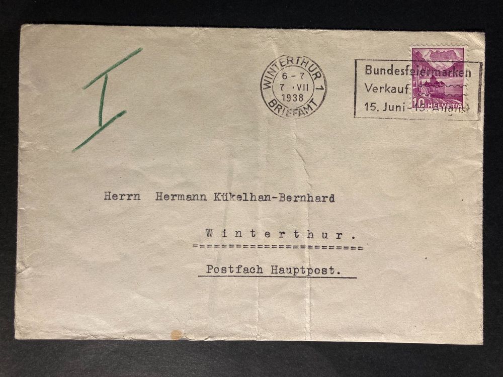 Schweiz 1938 Bedarfsbrief 10 Rp. Chillon Werbe Bundesfeier I (Gebraucht) in Liestal für CHF 1 ...