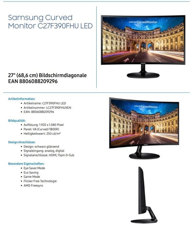 Samsung Curved Monitor 27'' C27F390FHU LED | Kaufen auf Ricardo