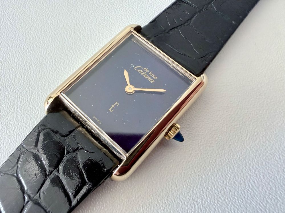 CATENA « Tank » type, MEDIUM, Plaqué, Cadran bleu étoilé (Neuf avec ...