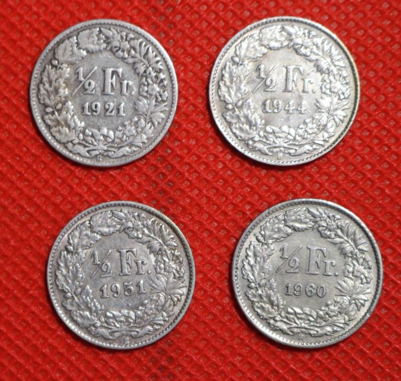 50 Rappen Lot Silbermünzen 1921, 1944, 1951, 1960 (Gebraucht) in Winterthur für CHF 6.2 – mit ...