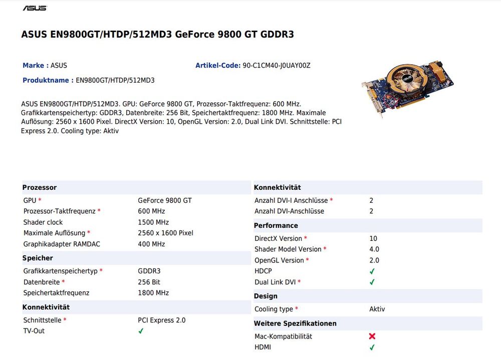 Gaming Asus GeForce 9800 GT 512 MB GDDR3 2560 x 1600 Pixel (Gebraucht ...