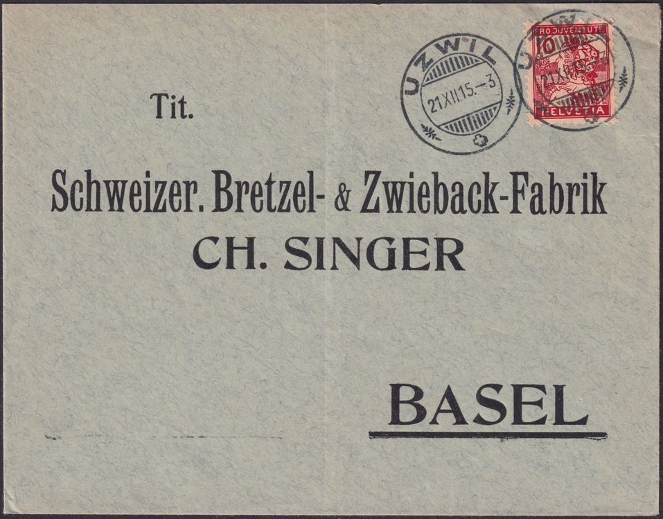 1915, J3 (Luzernerin) auf Brief von UZWIL nach BASEL, 400.-+ | Kaufen auf Ricardo