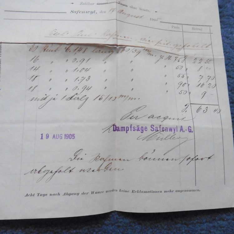 Safenwil,AG,Dampfsäge/Kisten-Fabrik,1905,Foto,Rechnung,Zofin (Gebraucht) in Lausen für CHF 9 ...