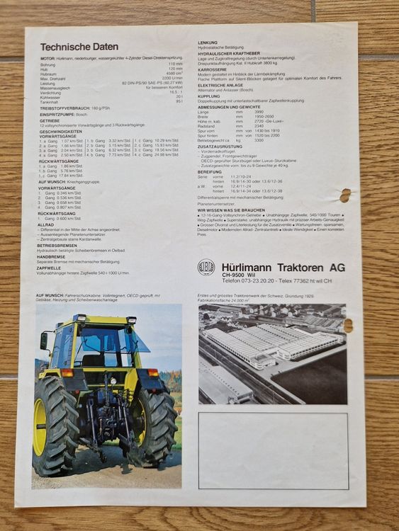 Original Prospekt Hürlimann Traktor H-480 Allrad (Gebraucht) in Dürnten ...