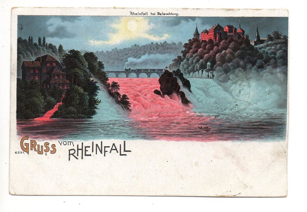 Litho SCHAFFHAUSEN Gruss vom Rheinfall bei Beleuchtung, Bahn | Kaufen auf Ricardo